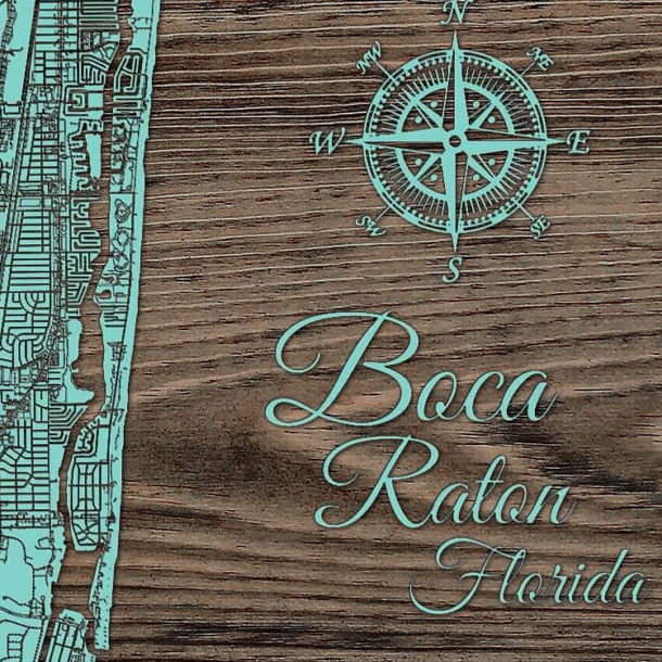 Boca Raton Florida Wood Map | Burnt Laser-Carved Wall Sign