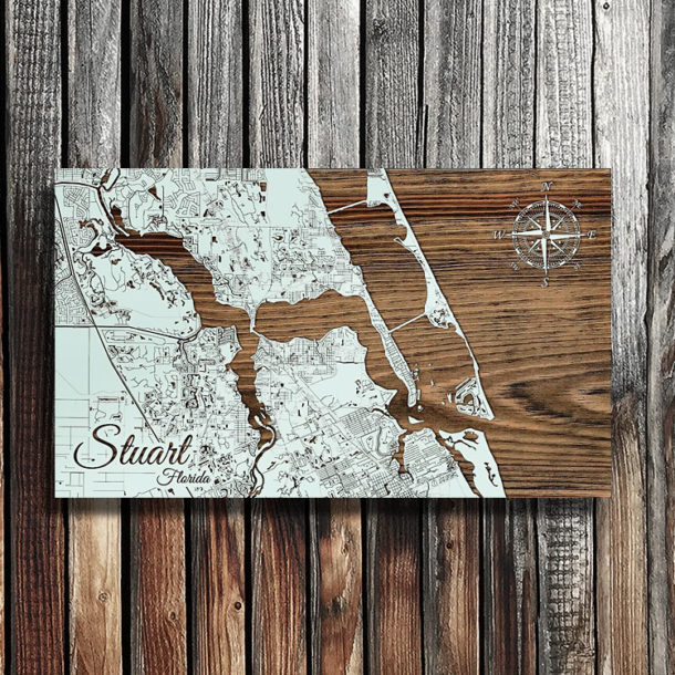 Stuart Florida Wooden Map | Burnt Laser-Carved Wall Art