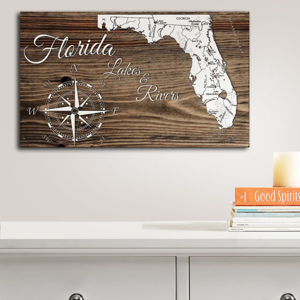 State of Florida Lakes & Rivers Wood Map | Burnt Laser-carved Wall Decor