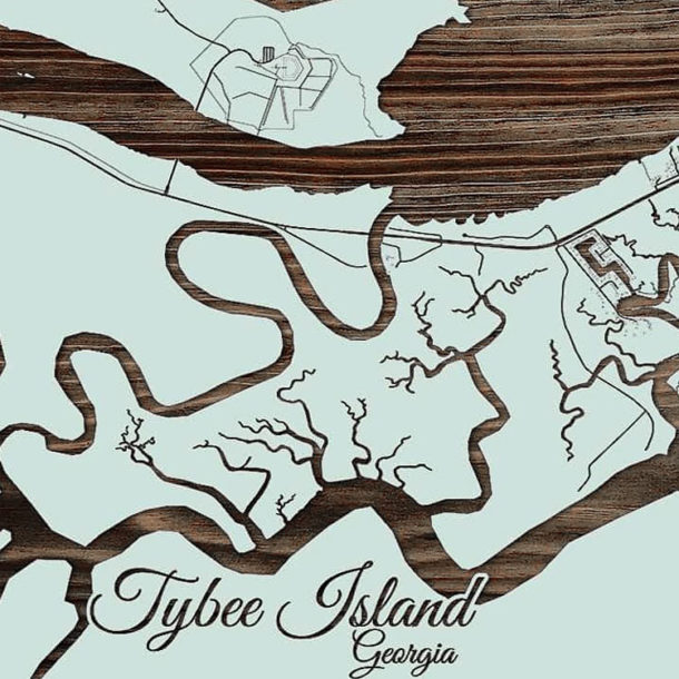 Tybee Island GA Wood Map | Burnt Laser Carved Wall Sign