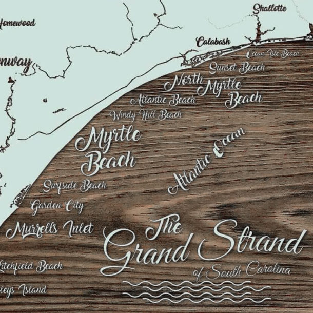 The Grand Strand South Carolina Wood Map | Burnt Laser Carved Wall Sign