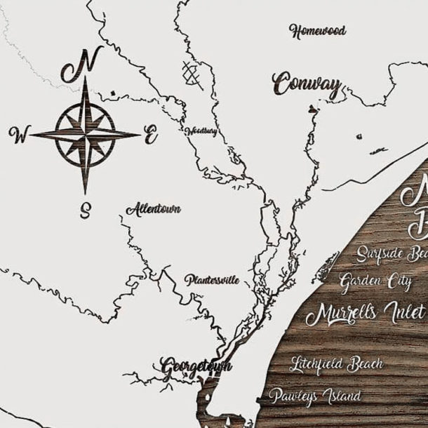 The Grand Strand South Carolina Wood Map | Burnt Laser Carved Wall Sign