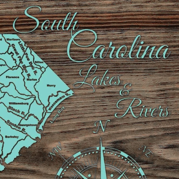 South Carolina Lakes & Rivers Wooden Map | Burnt Laser Carved Wall Sign