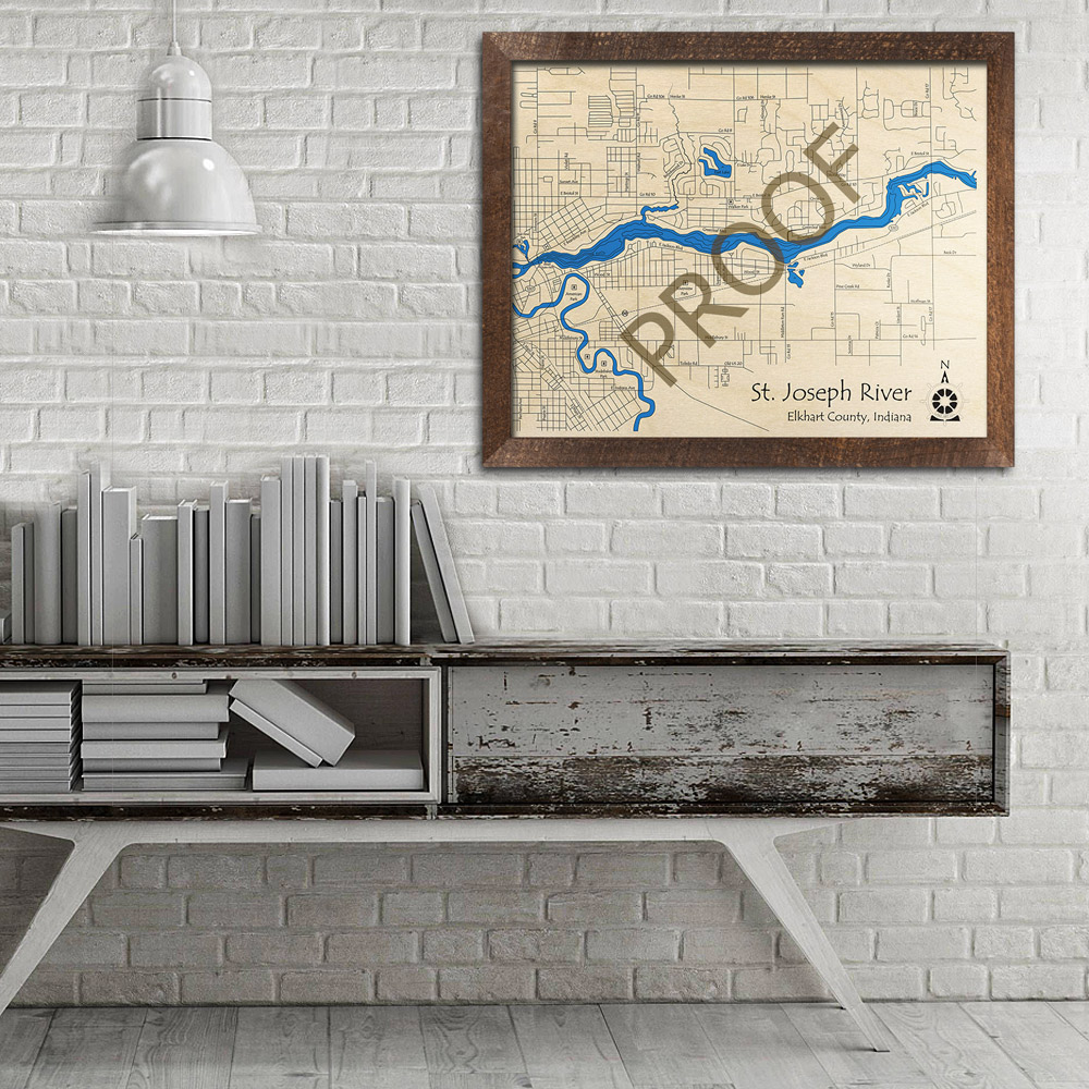 St. Joseph River, Indiana 3D Wood Map | Laser-etched Nautical Wall Art