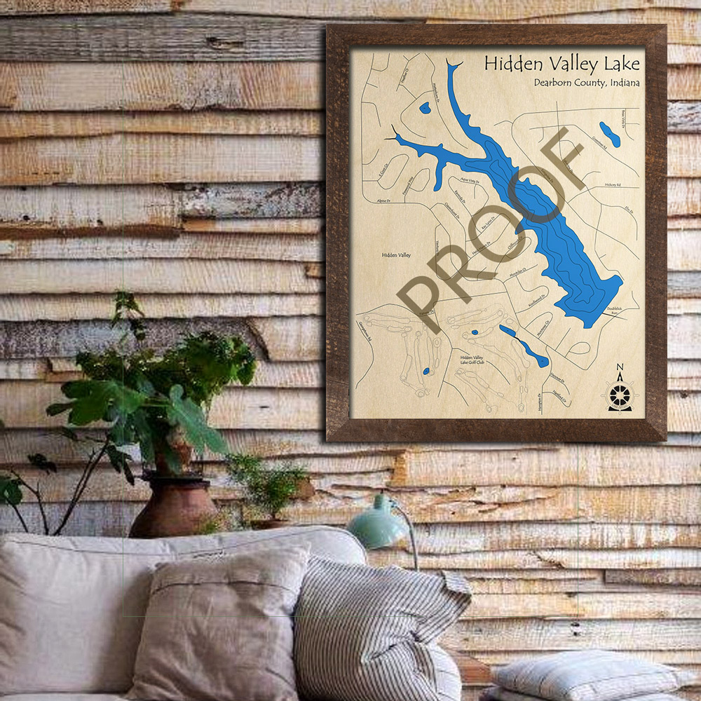 Hidden Valley Lake, Indiana 3D Wood Map | Laser-etched Nautical Wall Art