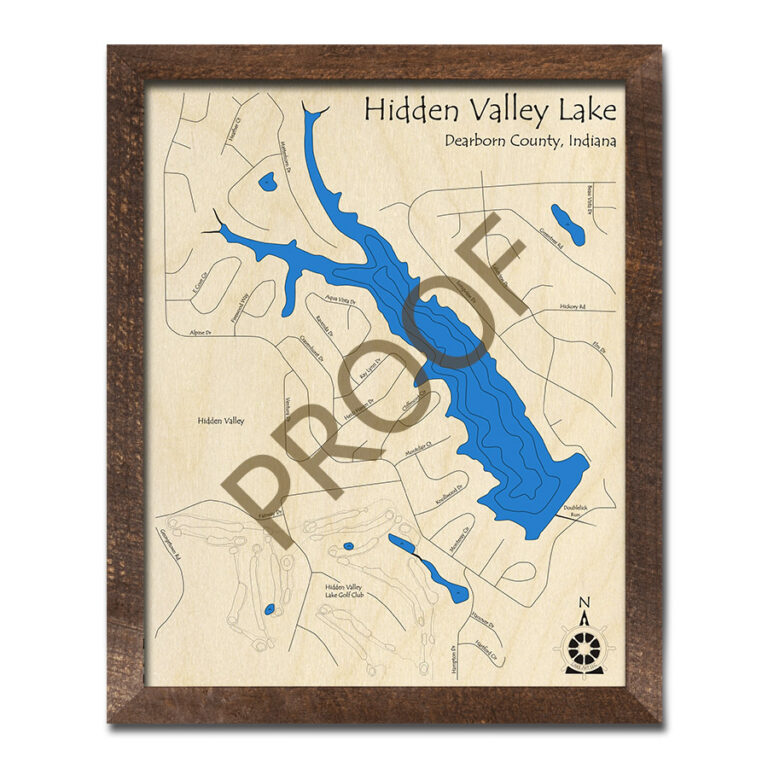 Hidden Valley Lake, Indiana 3D Wood Map | Laser-etched Nautical Wall Art