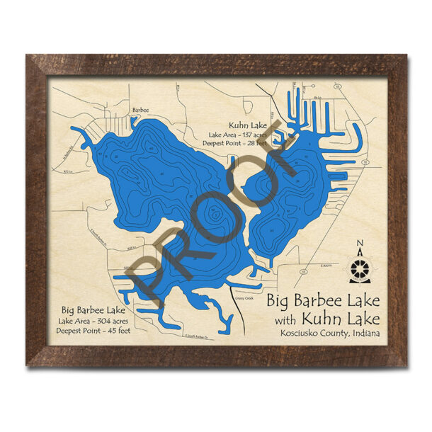 Big Barbee Lake w/ Kuhn Lake, Indiana 3D Wood Map | Laser-etched ...