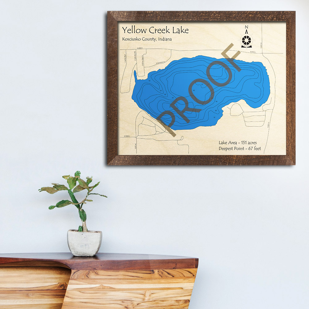 Yellow Creek Lake, Indiana 3D Wood Map | Laser-etched Nautical Wall Art