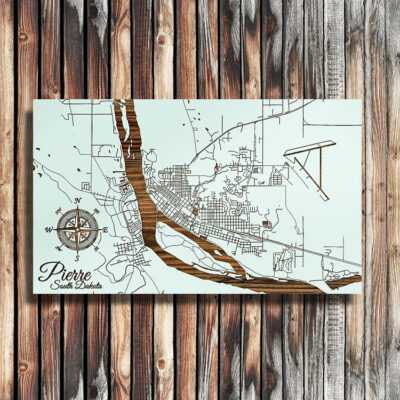 Pierre, South Dakota Wooden Map | Burnt Laser-Cut Wall Map