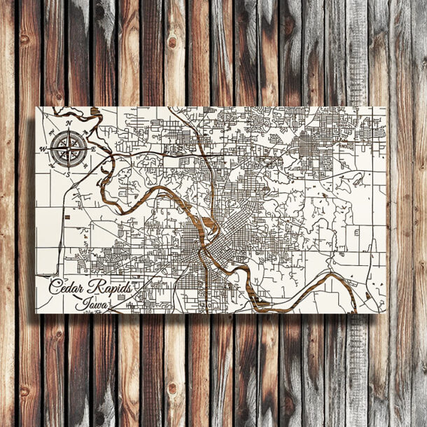 Cedar Rapids, Iowa Wooden Map | Burnt Laser-Cut Wall Map