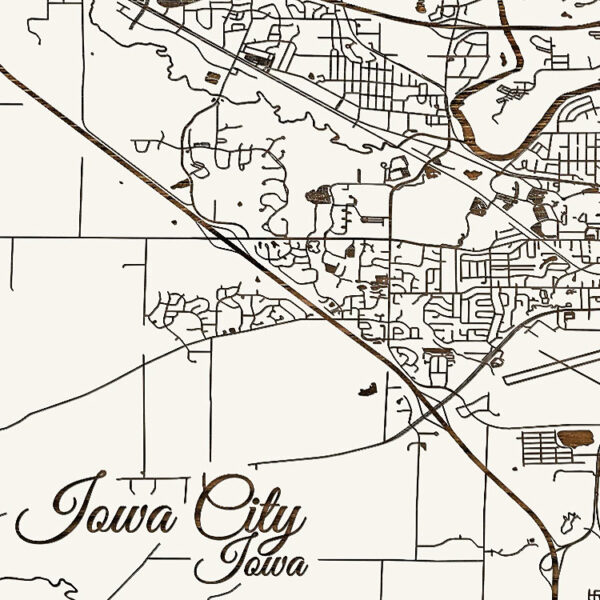 Iowa City, Iowa Wooden Map | Burnt Laser-Cut Wall Map