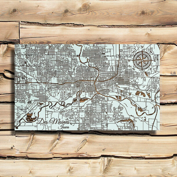 Des Moines, Iowa Wooden Map | Burnt Laser-Cut Wall Map