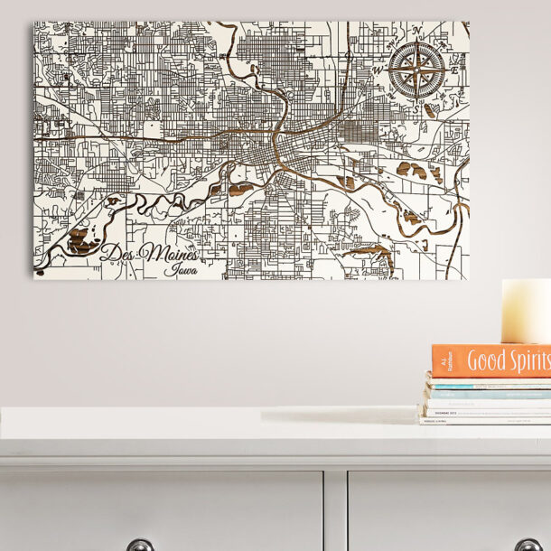 Des Moines, Iowa Wooden Map | Burnt Laser-Cut Wall Map