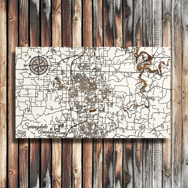 Springdale, Arkansas Wooden Map | Burnt Laser-Cut Wall Map