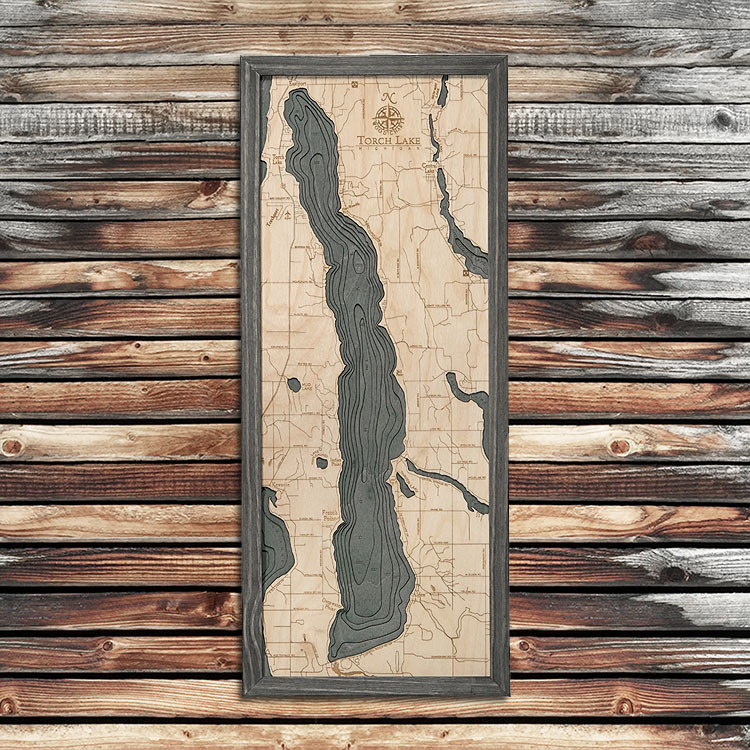 Torch Lake, MI 3D Wood Map | Framed 3D Topographic Wood Chart