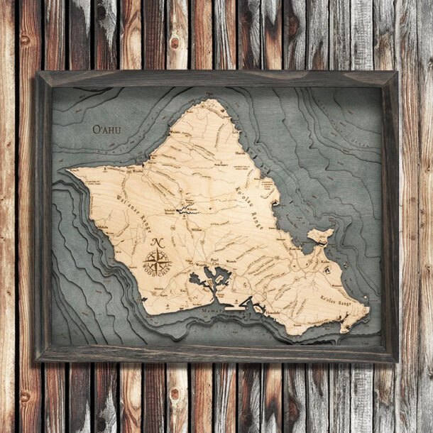 Oahu, Hawaii 3D Wood Map | Framed 3D Topographic Wood Chart