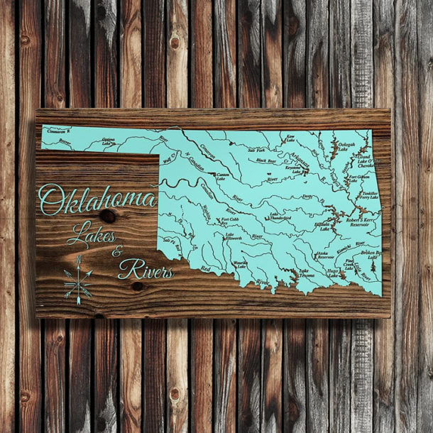 State of Oklahoma Lakes & Rivers Wood Map | Burnt Laser-Cut Wall Map