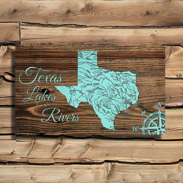 State of Texas Lakes & Rivers Wood Map | Burnt Laser-Cut Wall Map