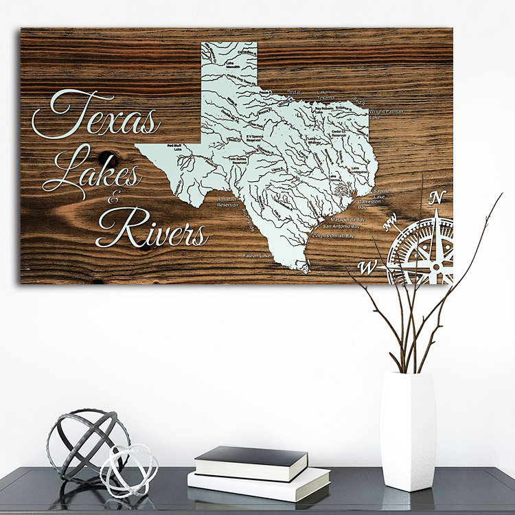 State of Texas Lakes & Rivers Wood Map | Burnt Laser-Cut Wall Map