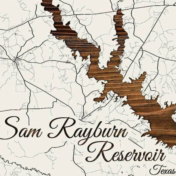 Sam Rayburn Reservoir, Texas Wood Map | Burnt Laser-Cut Wall Map
