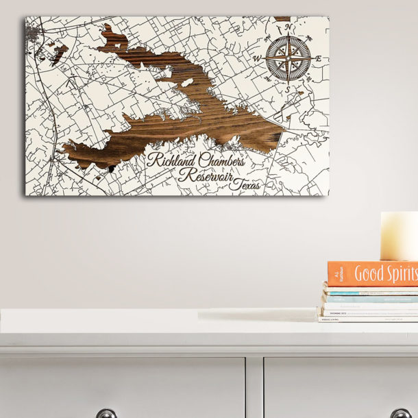 Richland Chambers Reservoir, Texas Wood Map | Burnt Laser-Cut Wall Map