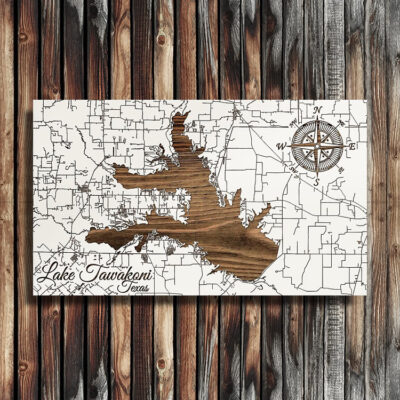 Lake Tawakoni, Texas Wood Map | Burnt Laser-Cut Wall Map