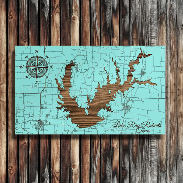 Lake Ray Roberts, Texas Wood Map | Burnt Laser-Cut Wall Map