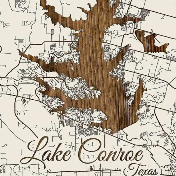 Lake Conroe, Texas Wood Map | Burnt Laser-Cut Wall Map