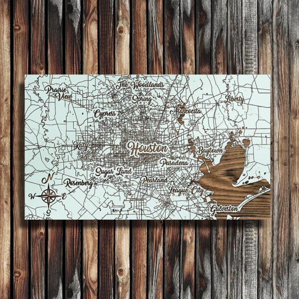 Houston, Texas Wood Map | Burnt Laser-Cut Wall Map (Whimsical)