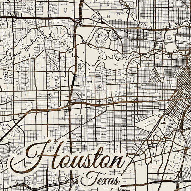 Houston, Texas Wood Map | Burnt Laser-Cut Wall Map (Street Map)