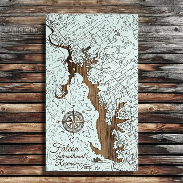 Falcon International Reservoir, Texas Wood Map | Burnt Laser-Cut Wall Map