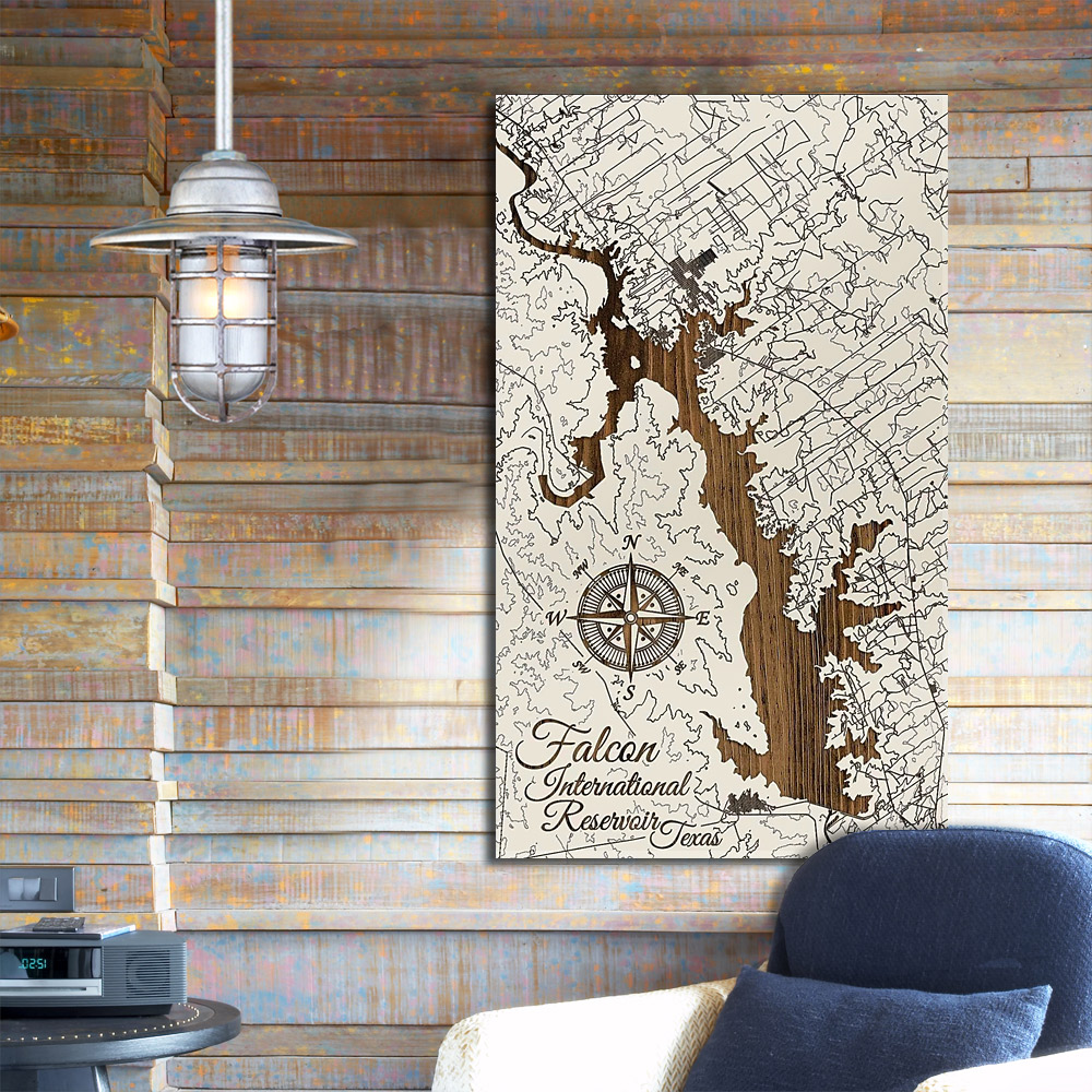 Falcon International Reservoir, Texas Wood Map | Burnt Laser-Cut Wall Map