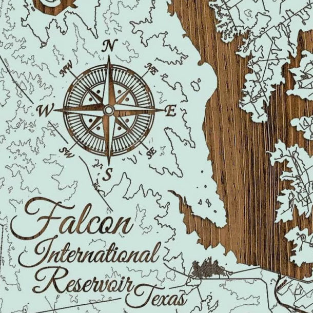 Falcon International Reservoir, Texas Wood Map | Burnt Laser-Cut Wall Map