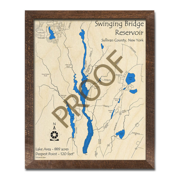 Swinging Bridge Reservoir, NY 3D Wood Map | Laser-etched Nautical Decor