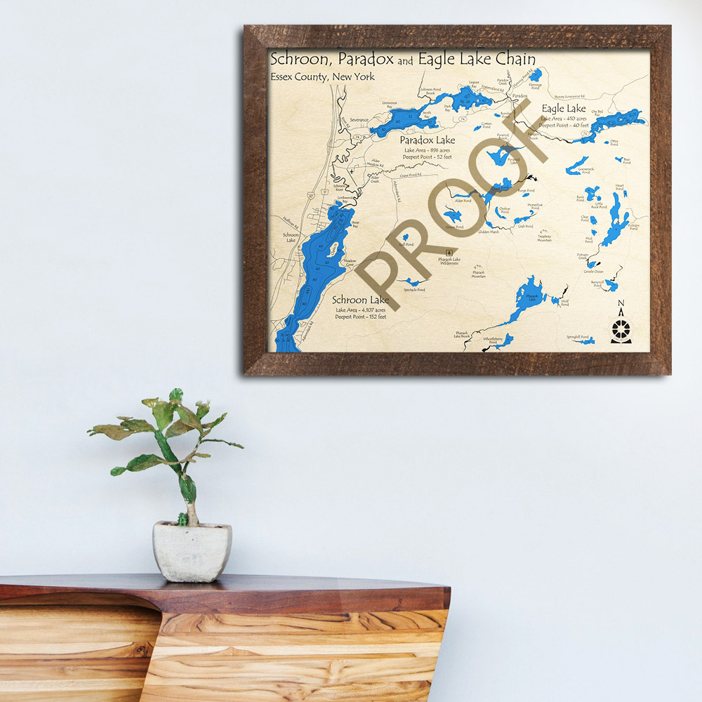 Schroon Lake, Paradox Lake, Eagle Lake Chain, NY 3D Wood Map | Laser ...