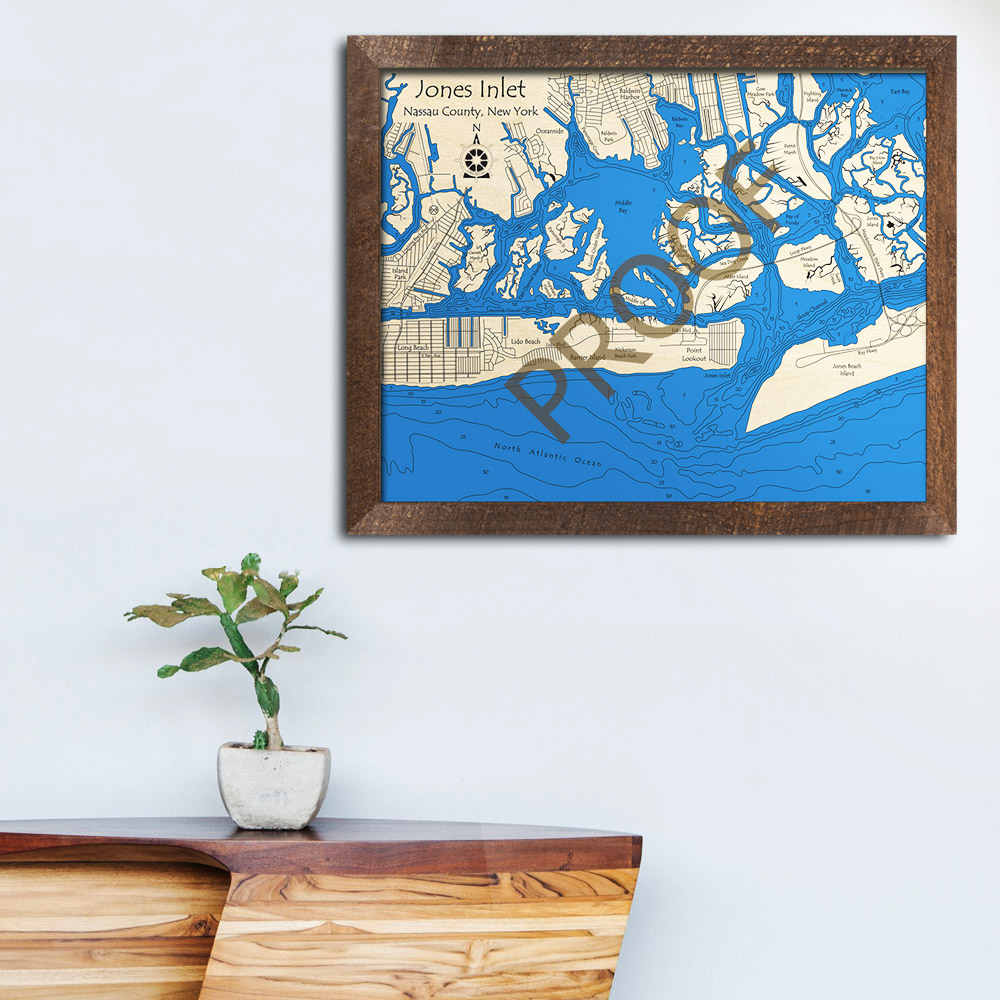 Jones Inlet - Jones Beach, NY 3D Wood Map | Laser-etched Nautical Decor