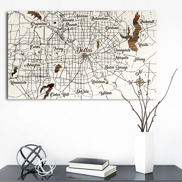 Dallas, Texas Wood Map | Burnt Laser-Cut Wall Map