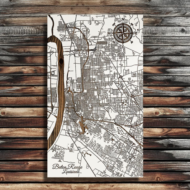 Baton Rouge, Louisiana Wooden Map | Burnt Laser-Cut Wall Map