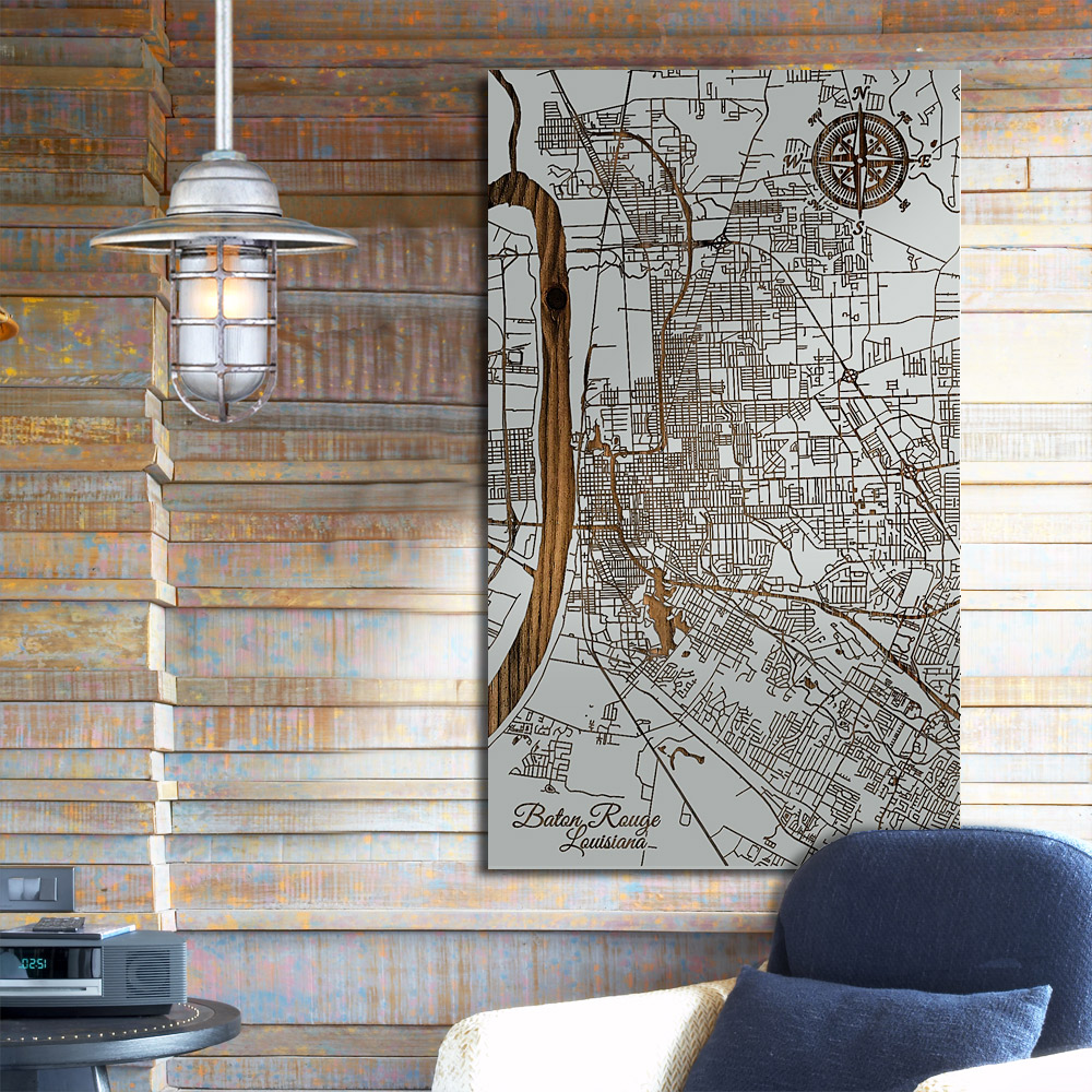 Baton Rouge, Louisiana Wooden Map | Burnt Laser-Cut Wall Map