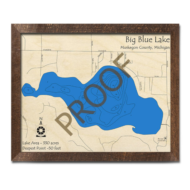 Big Blue Lake (Muskegon County), MI 3D Wood Map | Michigan Nautical ...