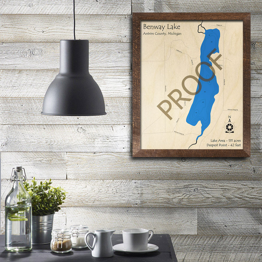 Benway Lake, MI 3D Wood Map | Michigan Nautical Wall Art
