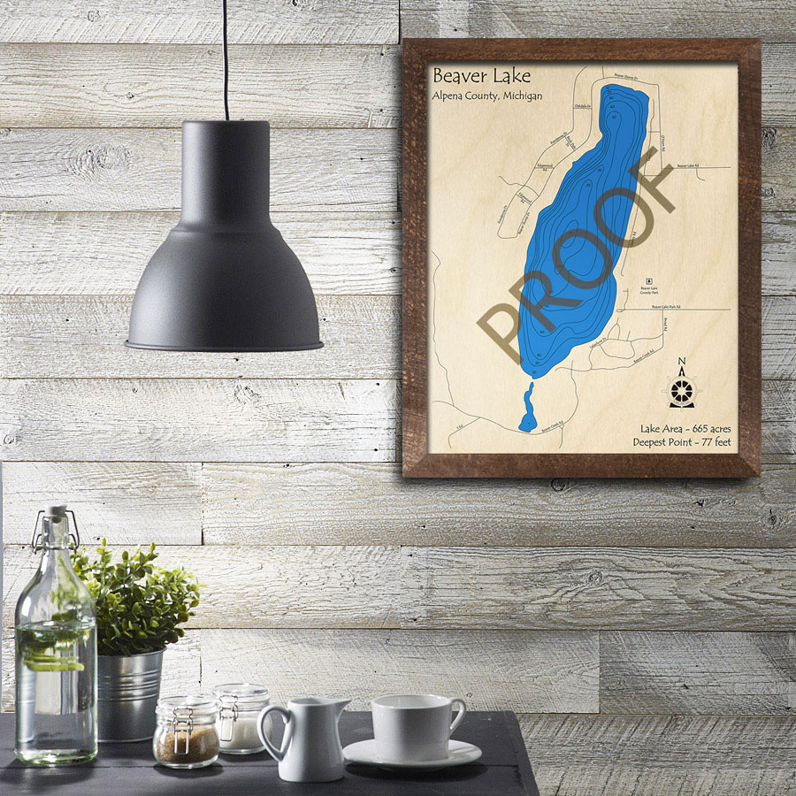 Beaver Lake (Alpena County), MI 3D Wood Map | Michigan Nautical Wall Art