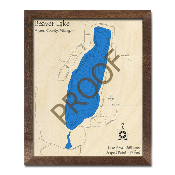 Beaver Lake (Alpena County), MI 3D Wood Map | Michigan Nautical Wall Art