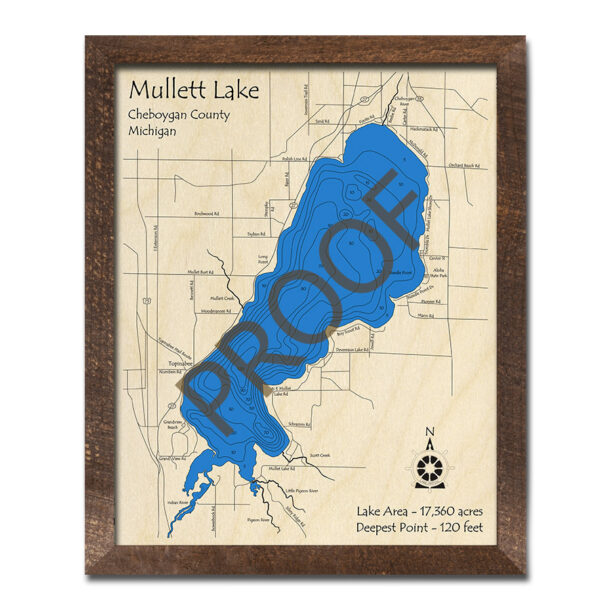 Mullett Lake, MI 3D Wood Map | Michigan Nautical Wall Art