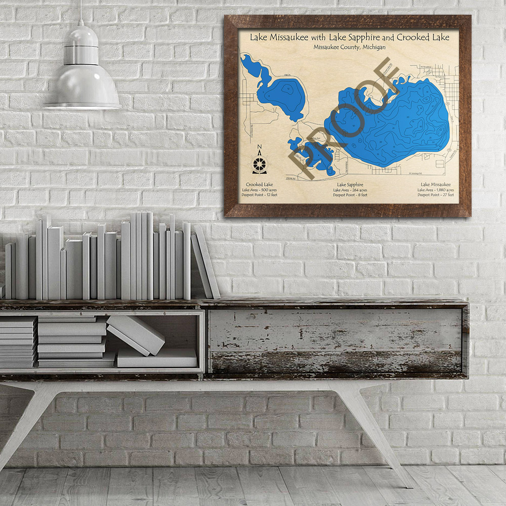 Lake Missaukee - Lake Sapphire - Crooked Lake, MI 3D Wood Map ...