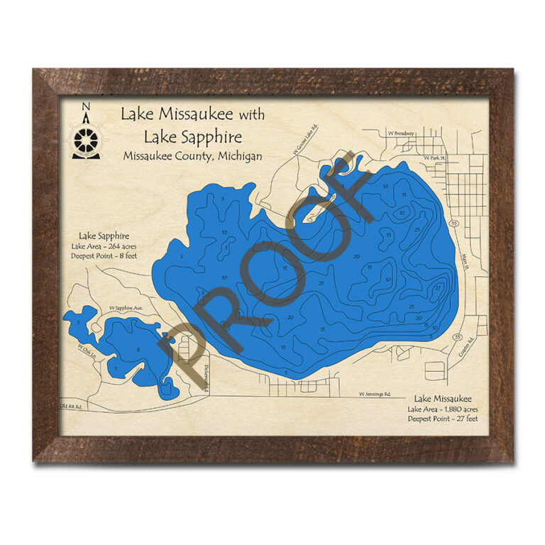 Lake Missaukee - Lake Sapphire, MI 3D Wood Map | Michigan Nautical Wall Art