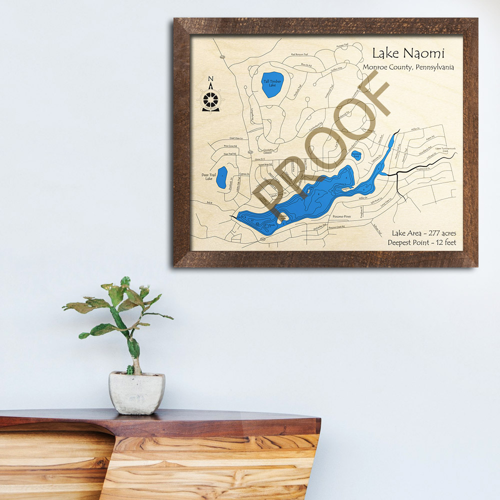 Lake Naomi, Pennsylvania 3D Wood Map | Laser-etched Nautical Wall Art