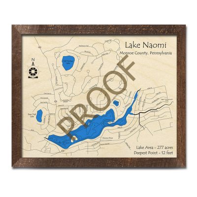 Lake Naomi, Pennsylvania 3D Wood Map | Laser-etched Nautical Wall Art