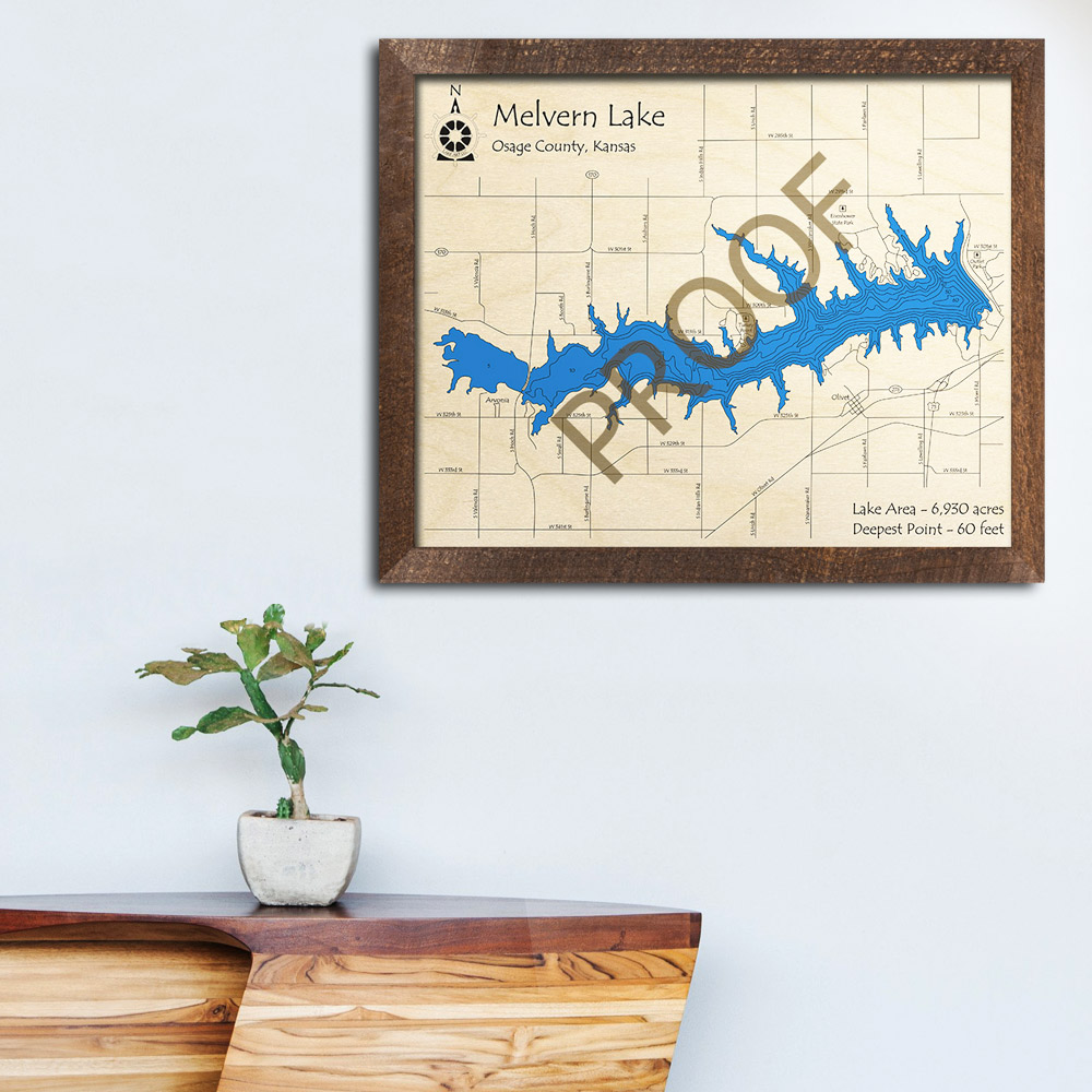 Melvern Lake, Kansas 3D Wood Map | Laser-etched Nautical Wall Art