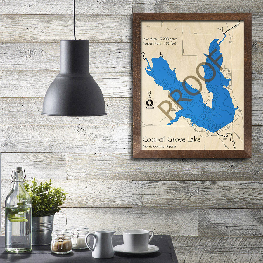 Council Grove Lake, Kansas 3D Wood Map | Laser-etched Nautical Wall Art